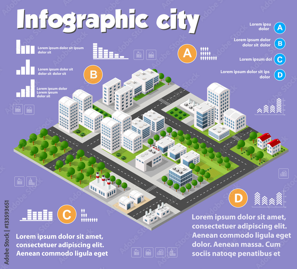 Isometric city map industry infographic set, with transport ...