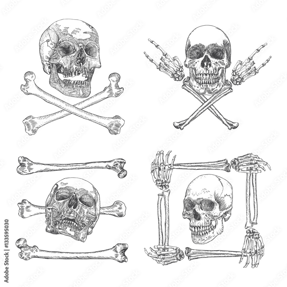 Set of Skulls crossbones, made of hands with gestures or in the frame ...
