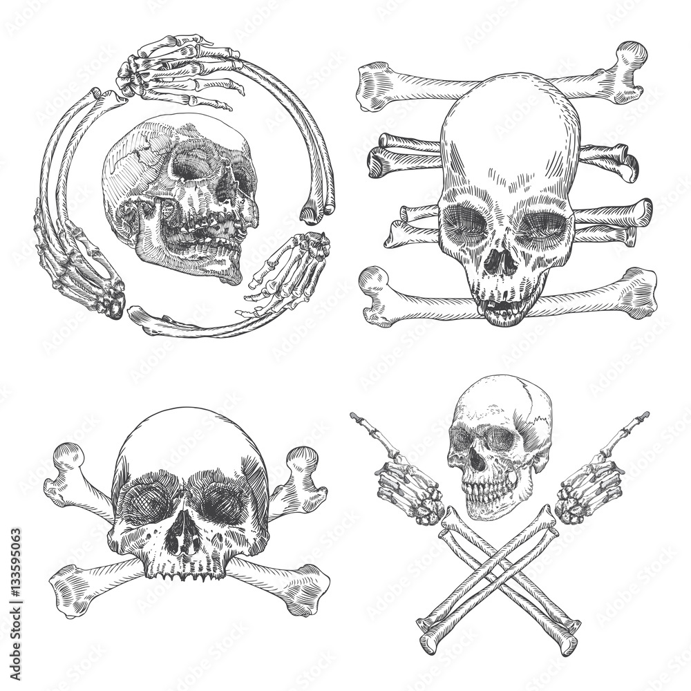 Set of Skulls crossbones, made of hands with gestures or in the frame ...