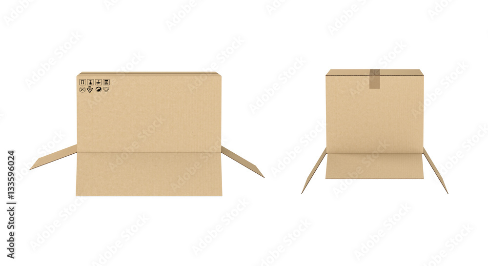 Rendering two open cardboard boxes of different size isolated on white ...
