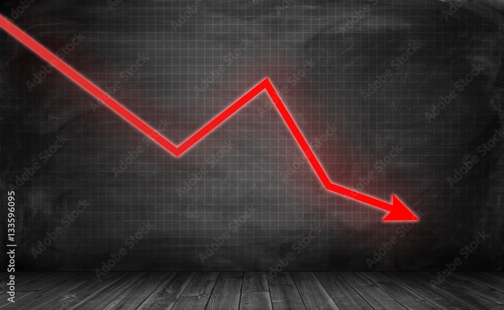 Downwards glowing red arrow on grey statistic grid background Stock ...