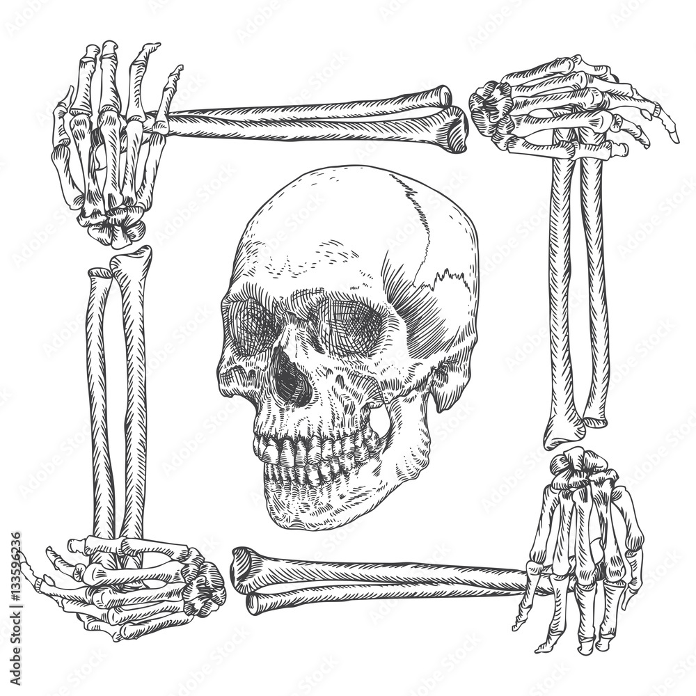 Skull in the frame made of hands bones. Occult witch craft magic ...