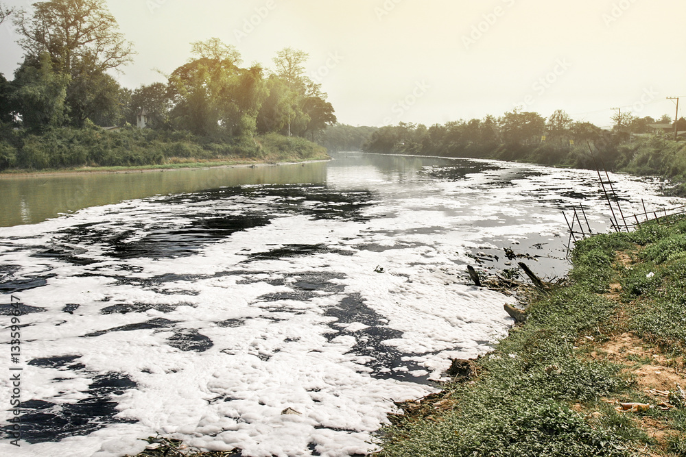 Water pollution in river , industrial not treat sewage before drain ...