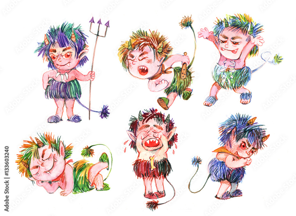 little devil, character, different poses and emotions, watercolor ...