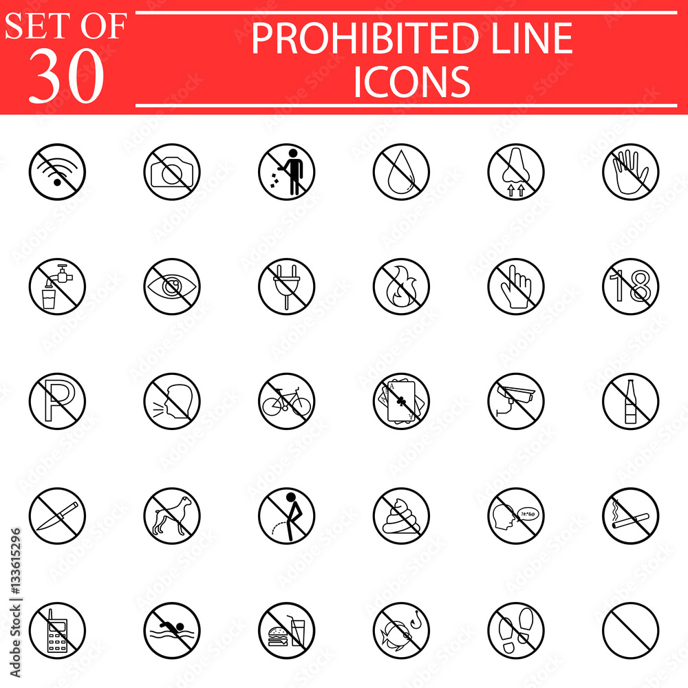 Prohibited signs line pictograms package, Forbidden symbols collection ...