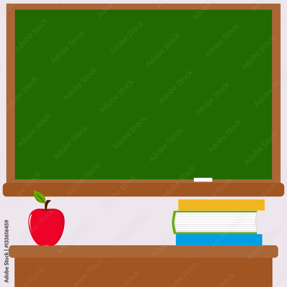 School classroom background. Chalkboard, teacher desk and stack of ...
