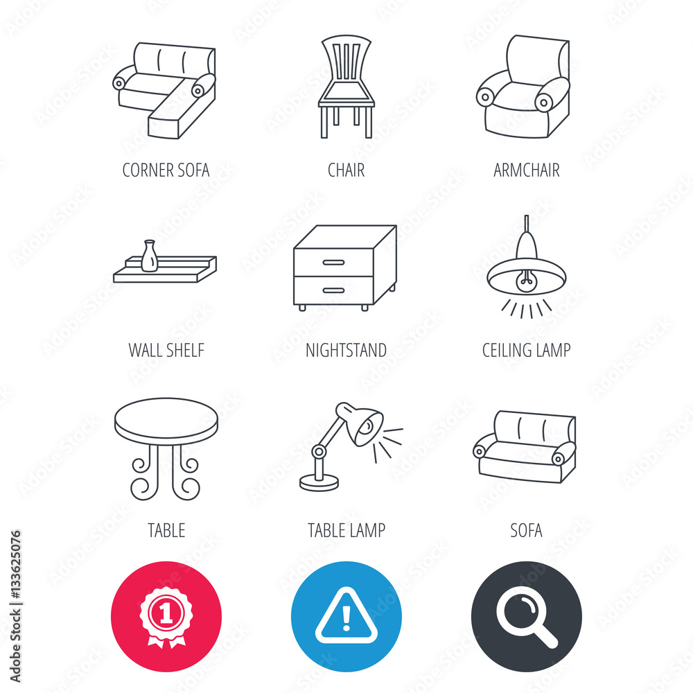 Achievement and search magnifier signs. Corner sofa, table and armchair ...