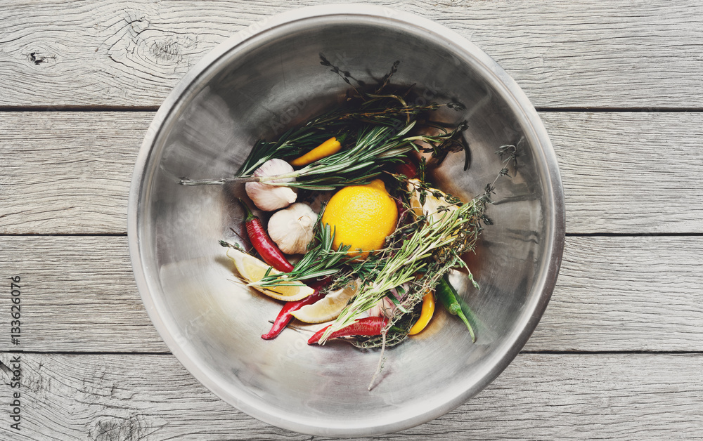 Cooking ingredients background, herbs and seasoning bowl Stock Photo ...