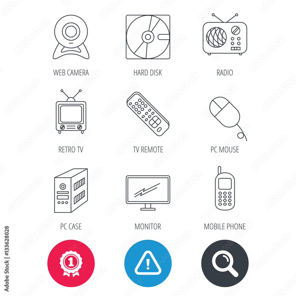 Achievement and search magnifier signs. Web camera, radio and mobile ...