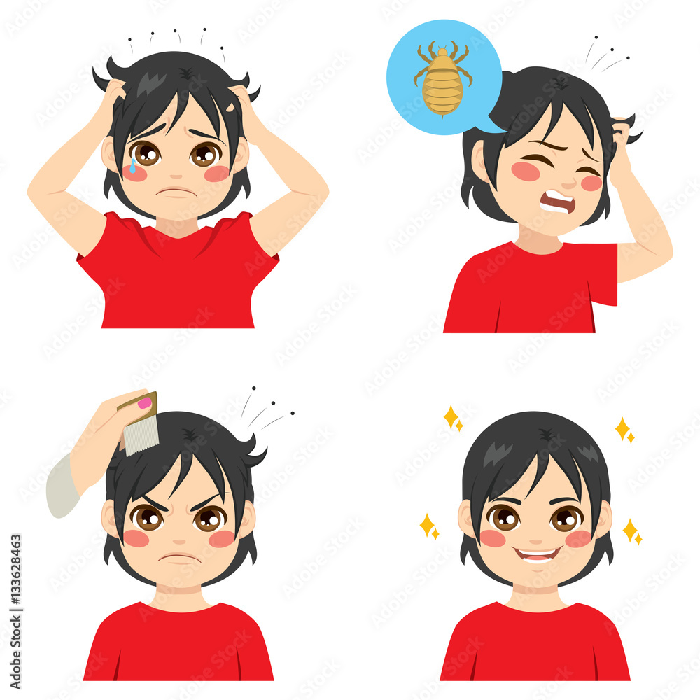 Cute boy with different stages of lice infection and after treatment ...