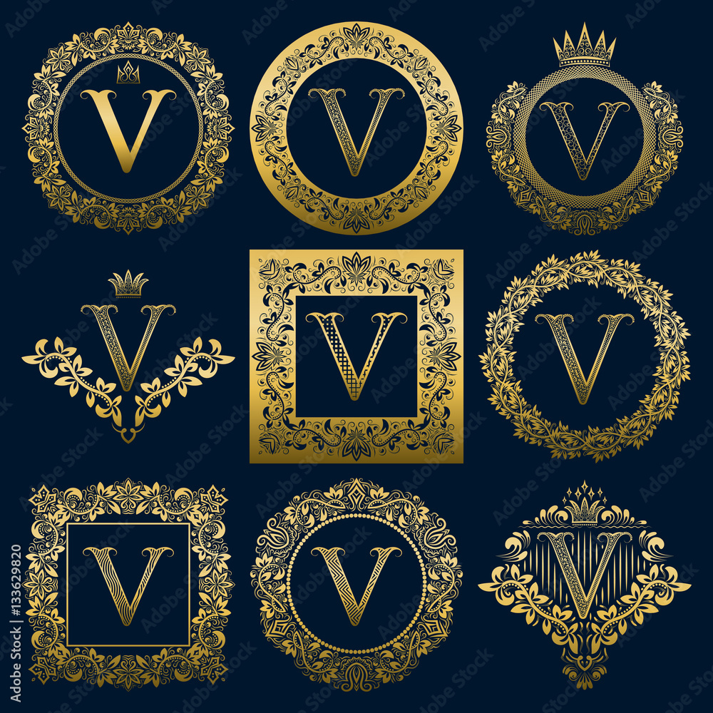 Vintage monograms set of V letter. Golden heraldic logos in wreaths ...