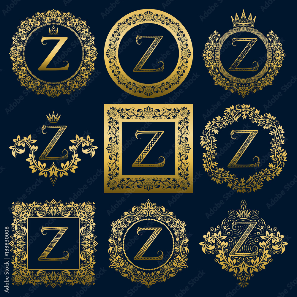 Vintage monograms set of Z letter. Golden heraldic logos in wreaths ...