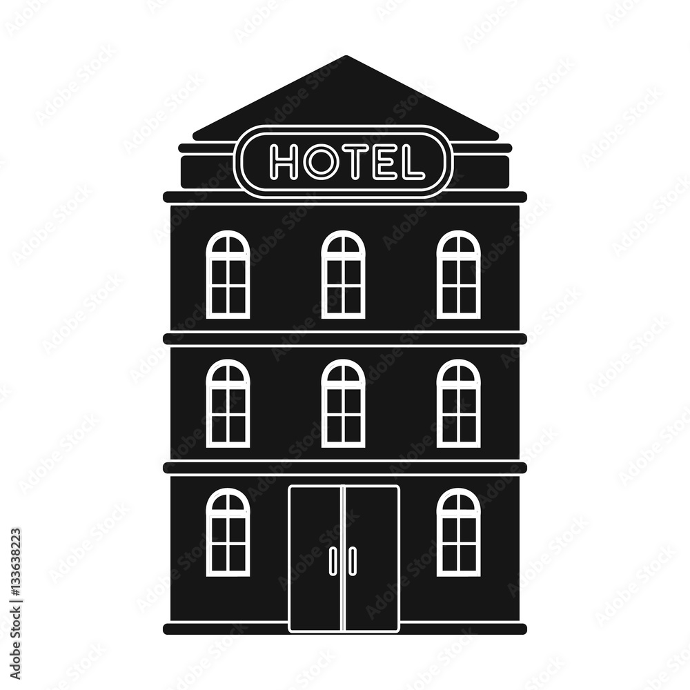 Hotel building icon in black style isolated on white background. Rest ...