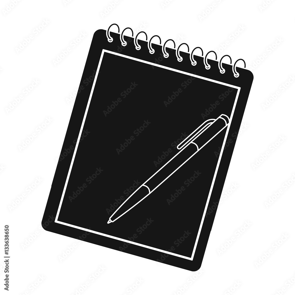 Notebook and pen icon in black style isolated on white background ...