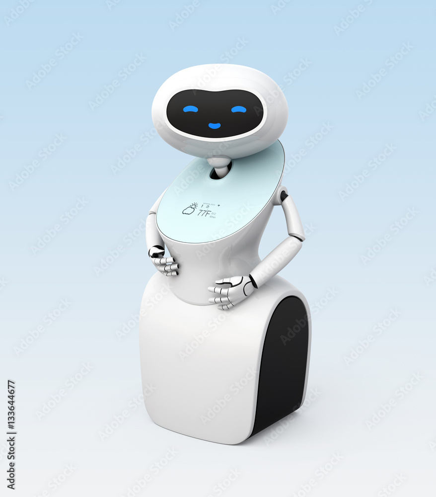 Humanoid robot with screen isolated on light blue background. 3D ...