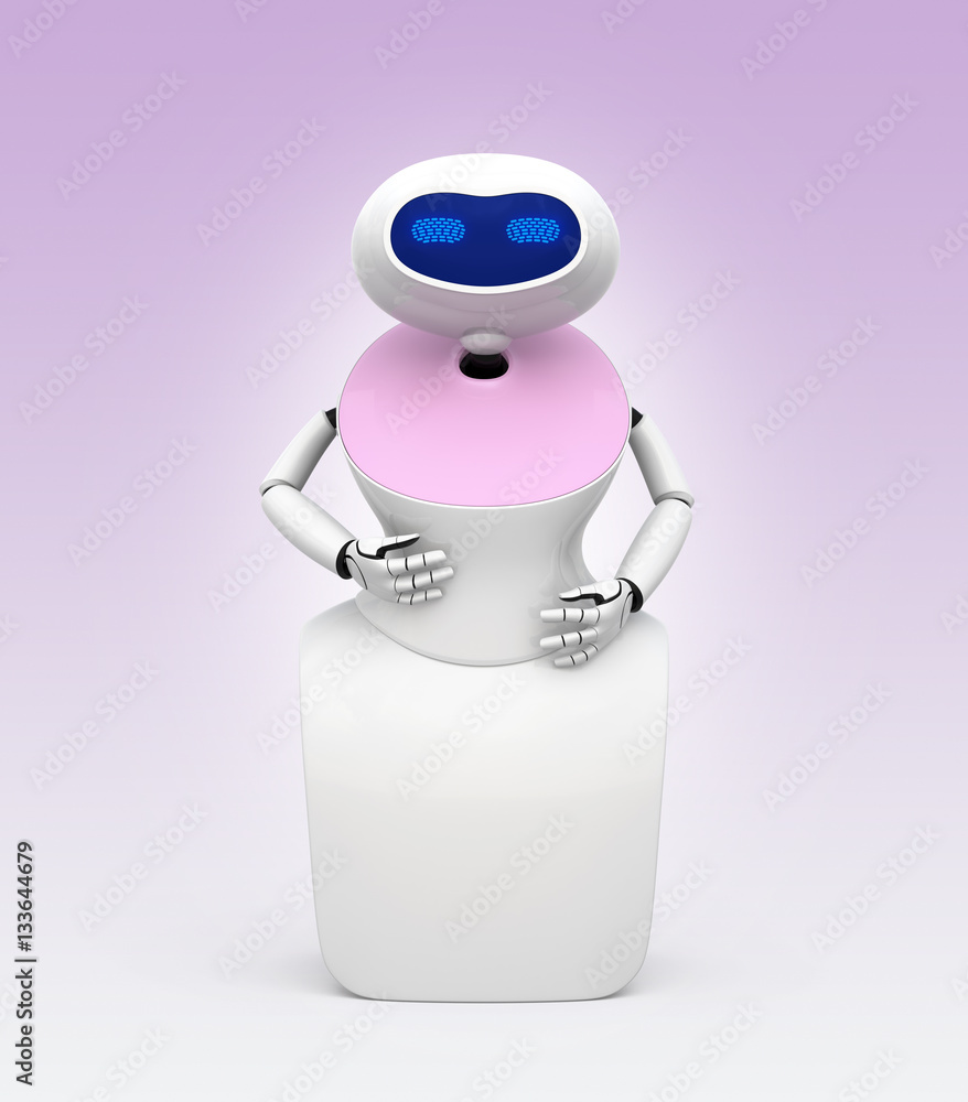 Front view of humanoid robot with screen isolated on pink background ...