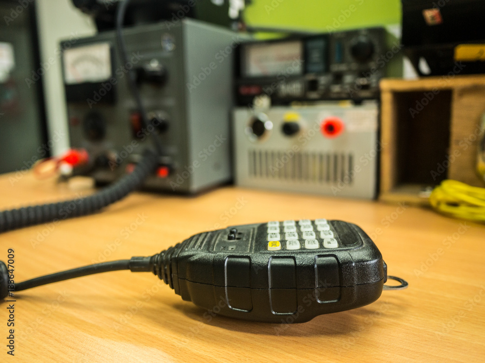 radio communication for talking microphone on wood background Stock ...