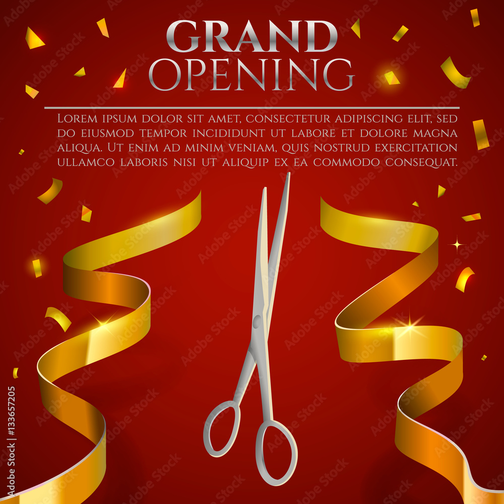 Ribbon cutting ceremony banner. Vector illustration. เวกเตอร์สต็อก ...
