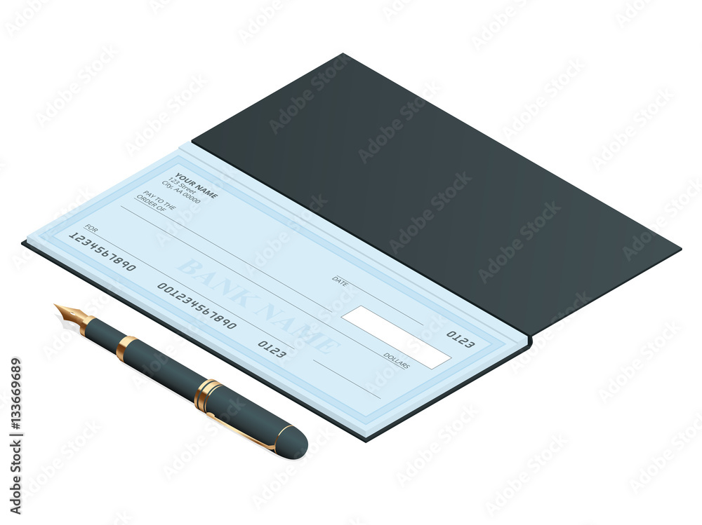 Bank Check with Modern Design. Flat isometric illustration. Cheque book ...