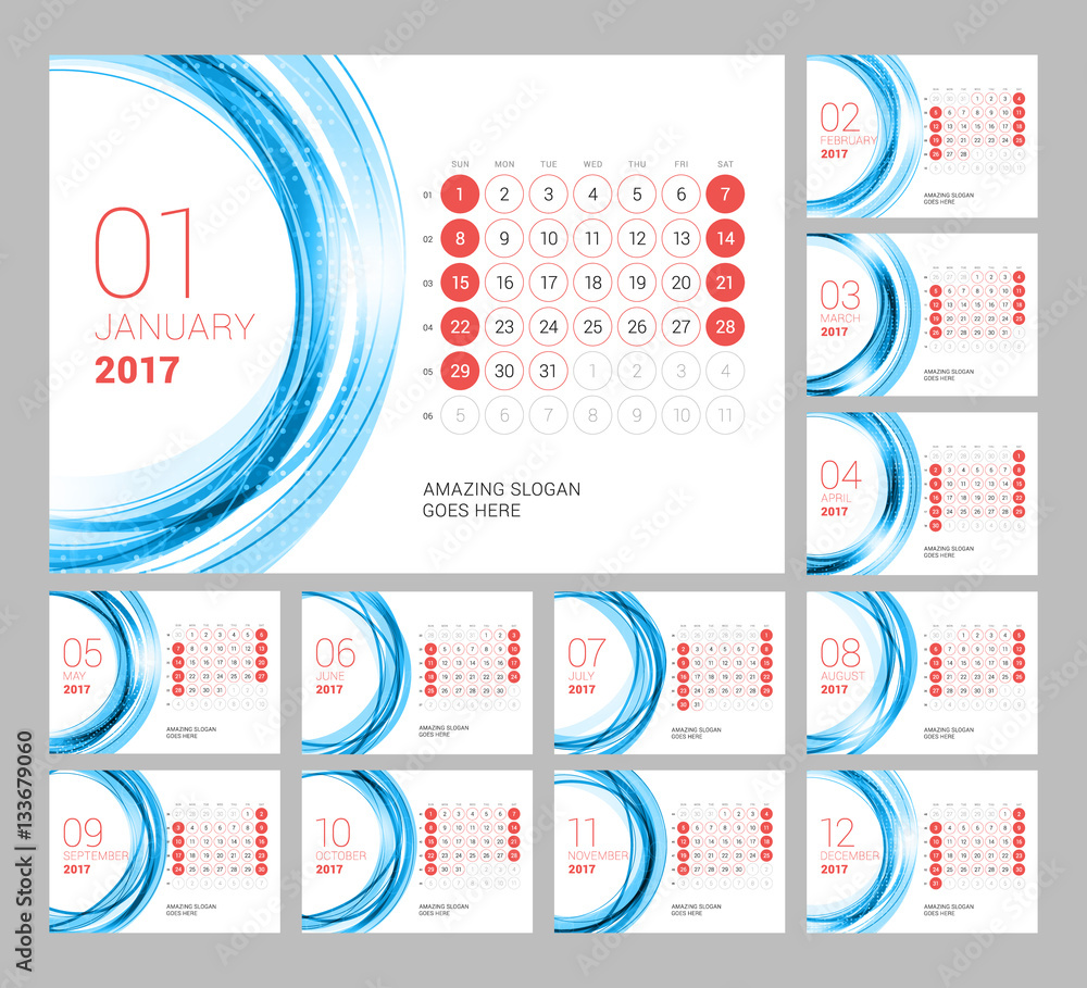 Calendar Template for 2017 Year. Vector Illustration. Week Starts on ...