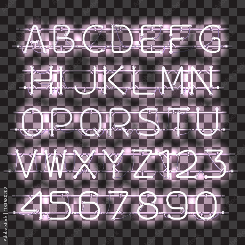 Glowing white alphabet with letters from A to Z and digits from 0 to 9 ...
