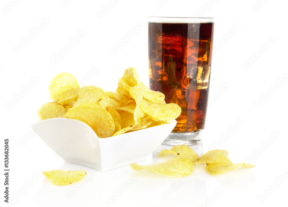 Salted potato chips in the salas-bowl with cola on white foto de Stock ...