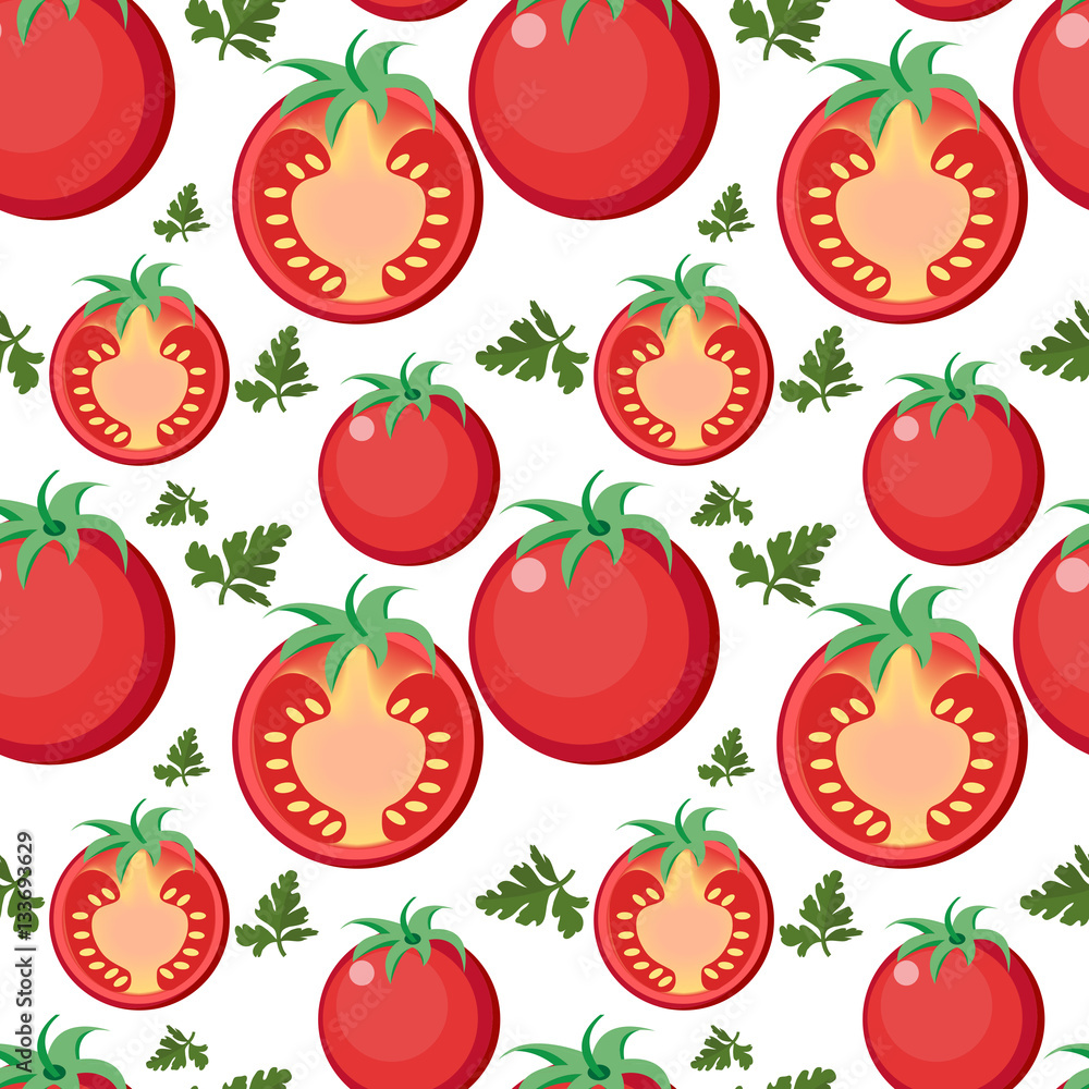 Tomato seamless pattern. Tomatoes endless background, texture. Vegetable backdrop. Vector ...
