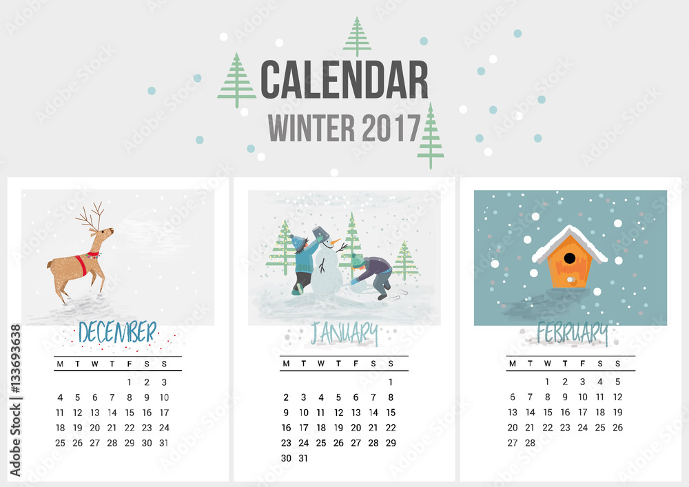 Colorful cute seasons calendar of Winter 2017. December, January ...