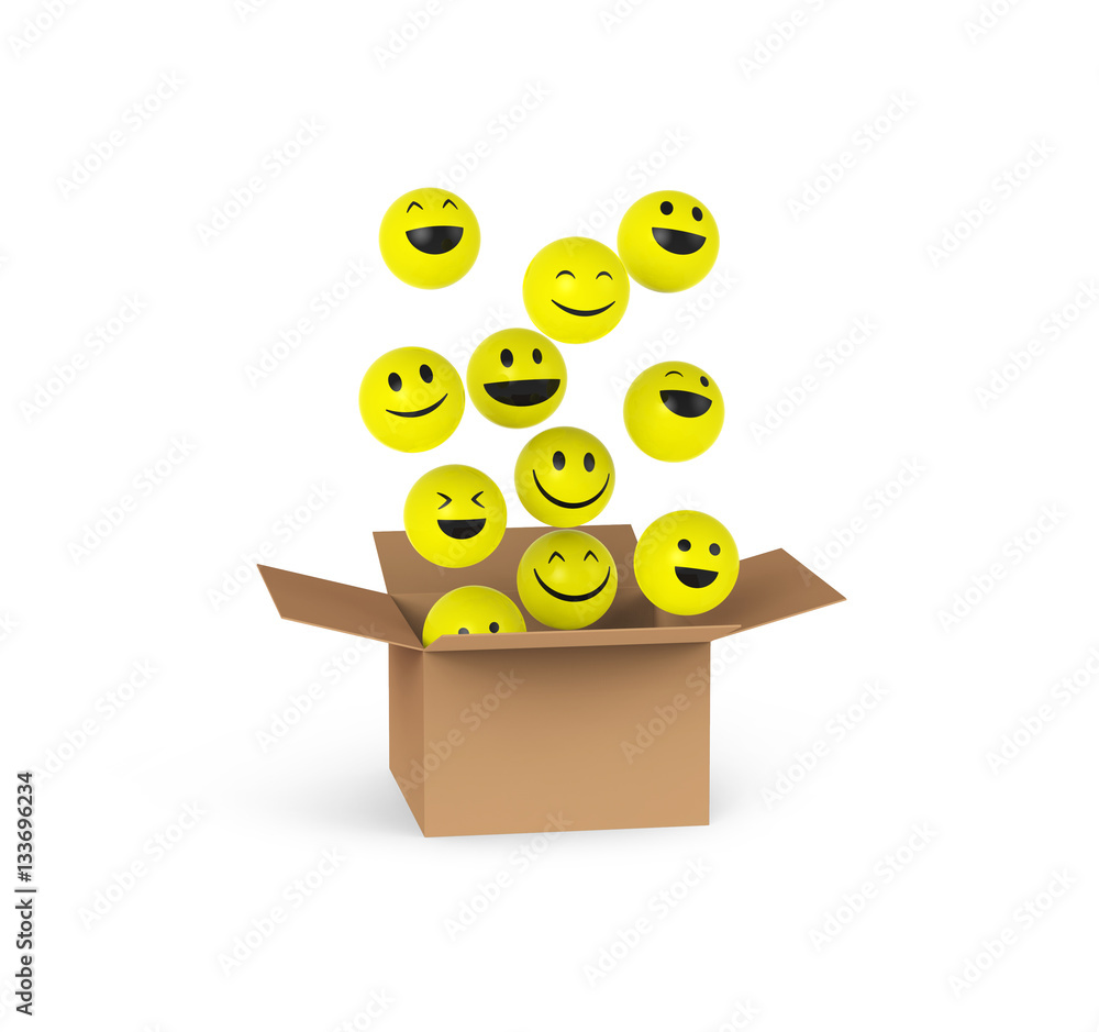 Smileys springen aus einer Box ilustración de Stock | Adobe Stock