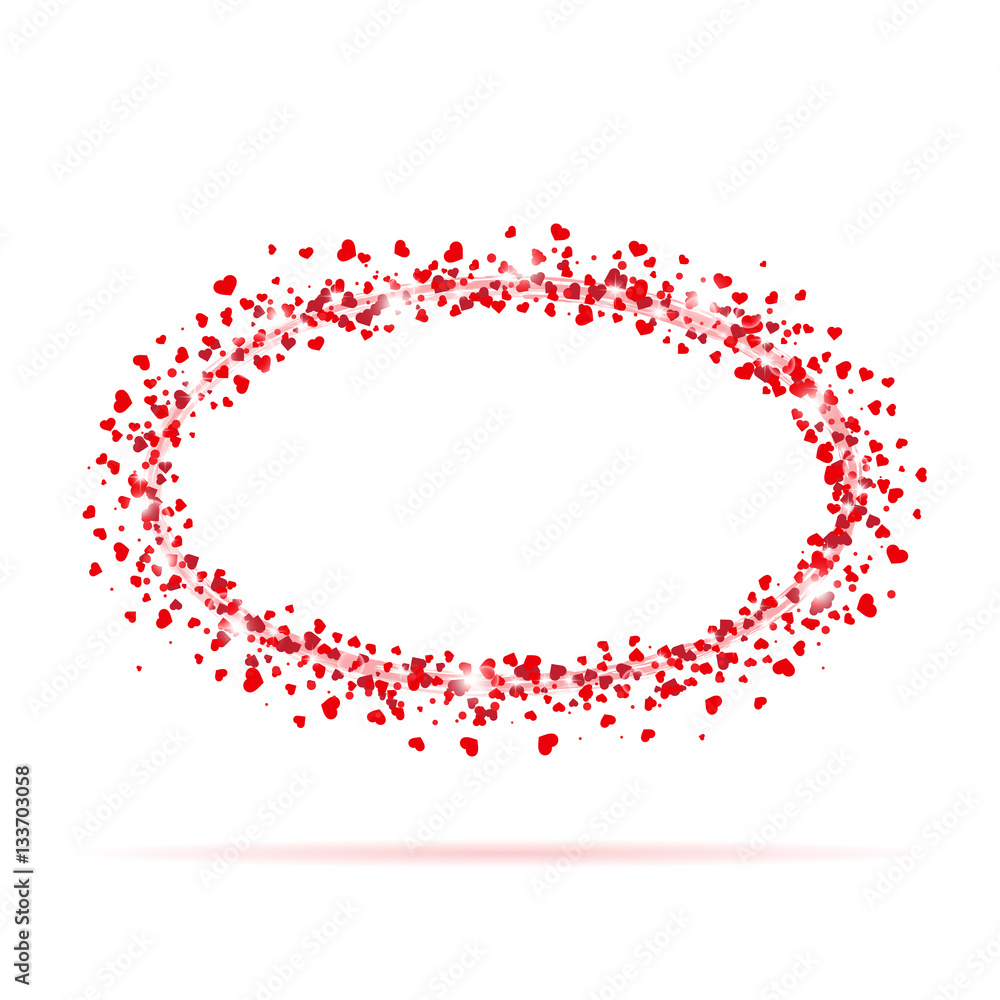 Romantic oval frame with small red hearts and lights on white ...