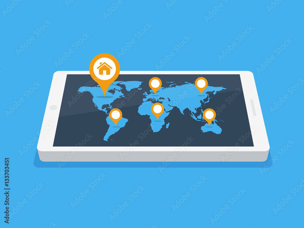 Smartphone with world map and location marker. One marker has home ...