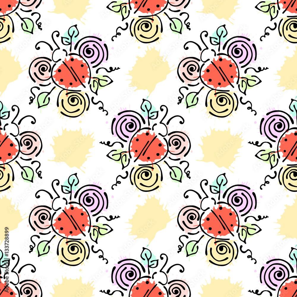 Vector seamless pattern with insect Ladybugs with flowers, leaves ...