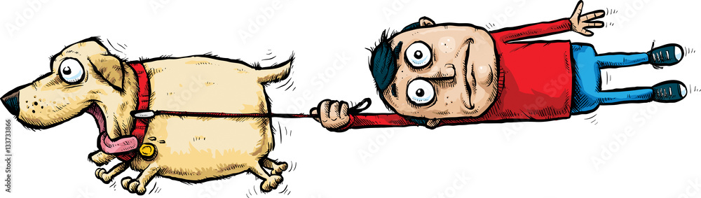A cartoon man being pulled off of his feet by an excited, running pet ...