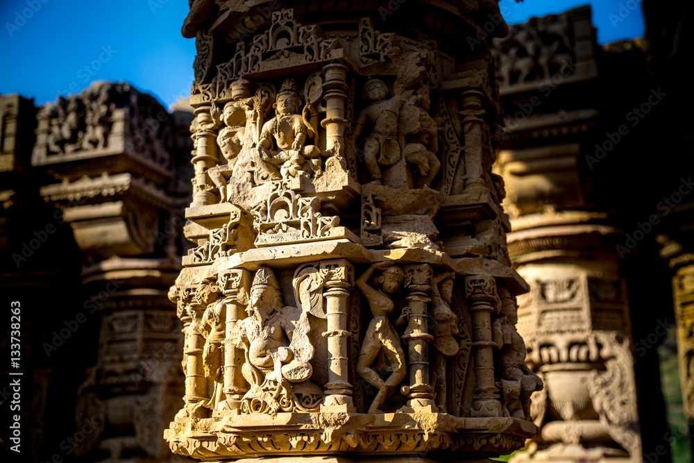 Sculpture of Hindu god goddess carved on sandstone pillars in cursed ...