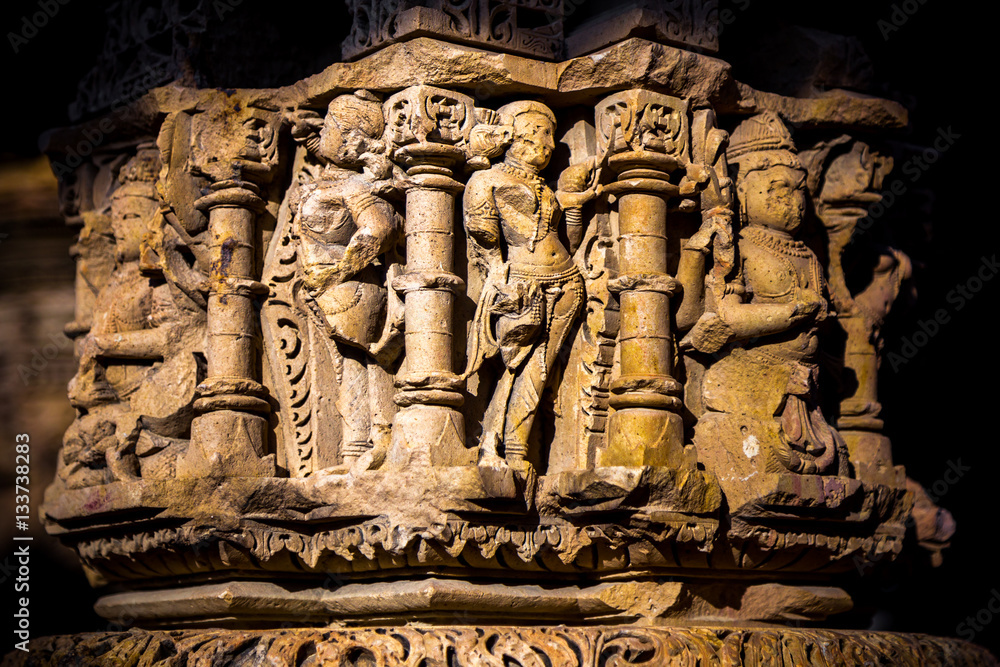 Sculpture of Hindu god goddess carved on sandstone pillars in cursed ...