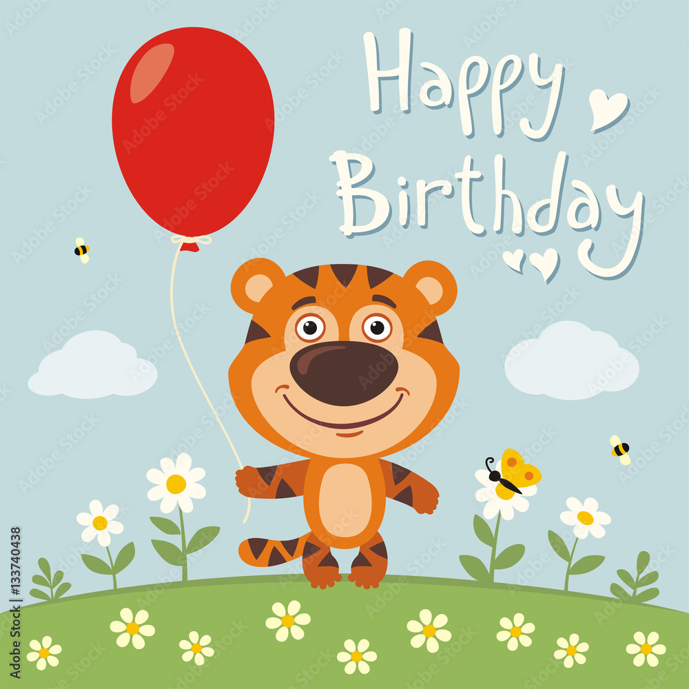 Happy birthday! Funny tiger with red balloon on flower meadow. Birthday ...