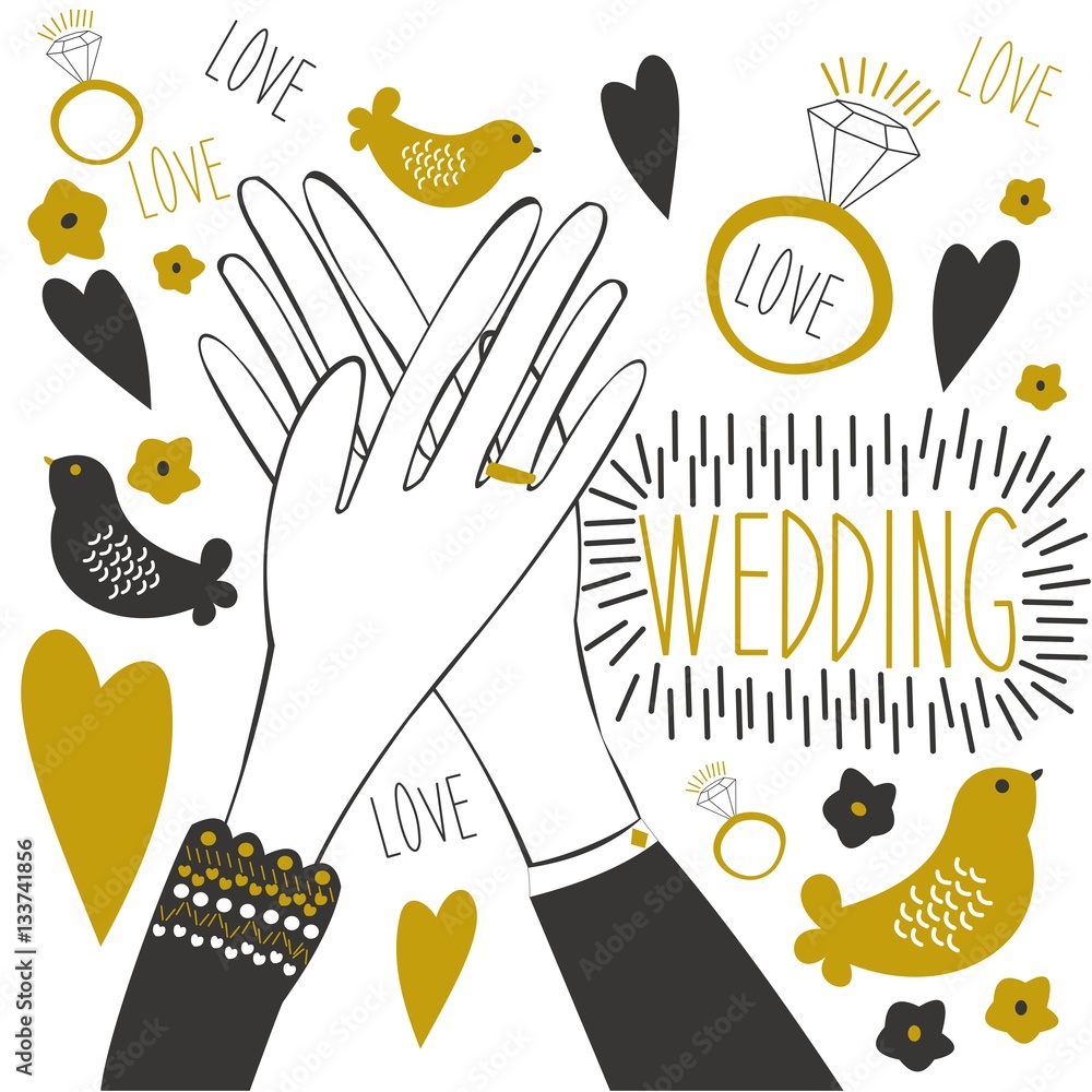Cute illustration of a "Wedding." The cartoon hands of the bride and ...
