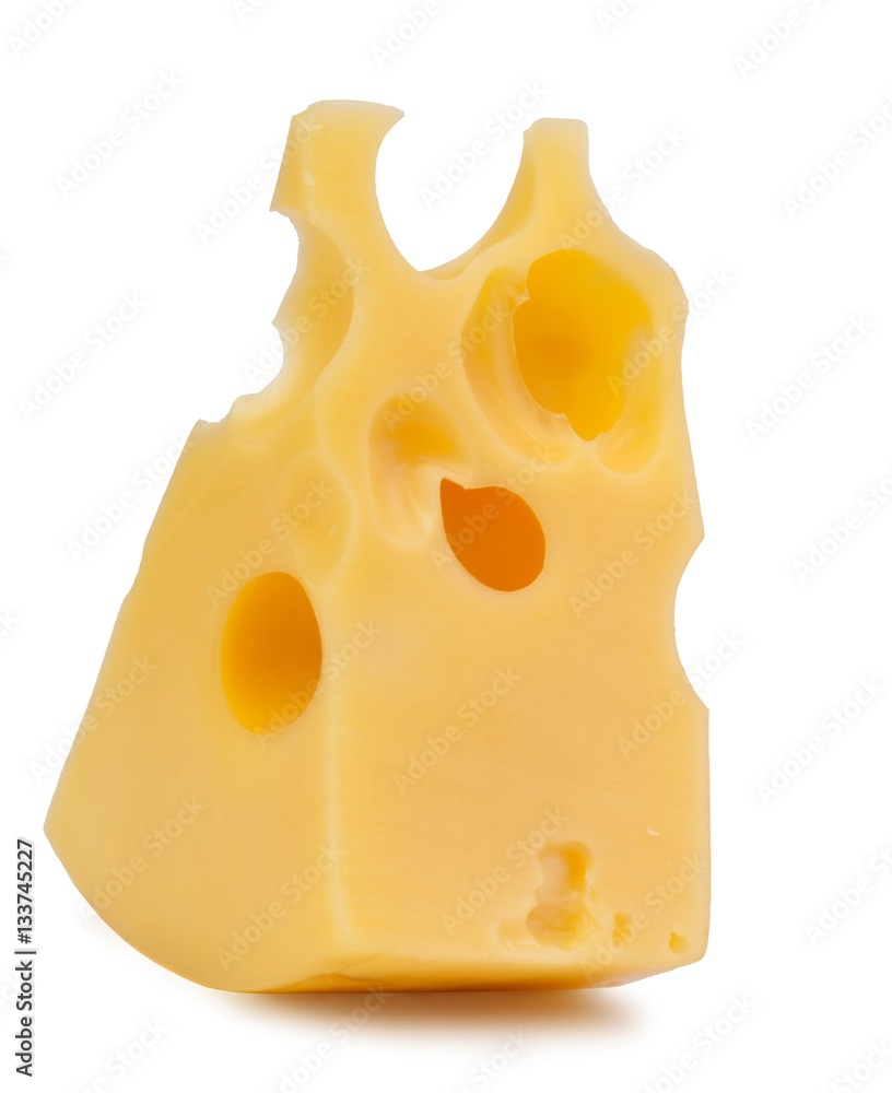 piece of cheese. a triangular slice of cheese with holes. Isolated over ...