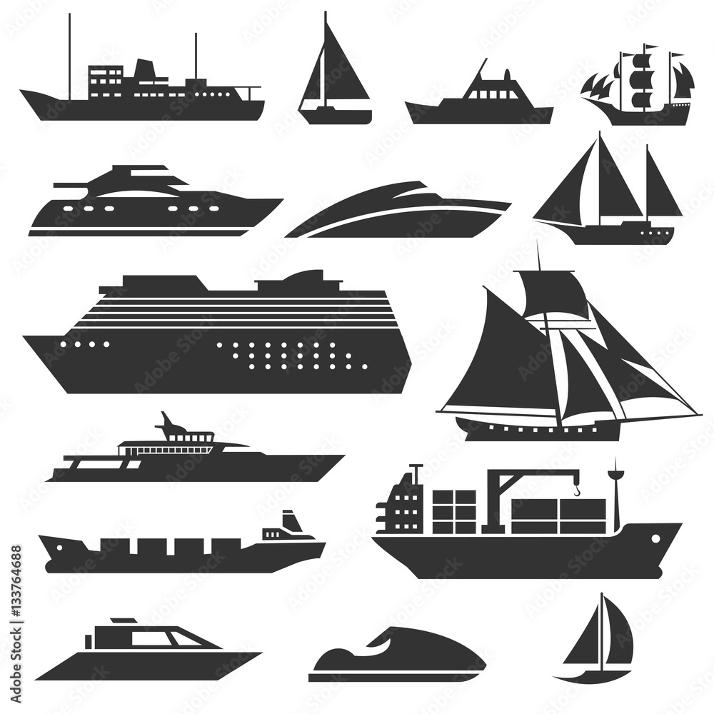 Ships and boats icons. Barge, cruise ship, shipping fishing boat vector ...