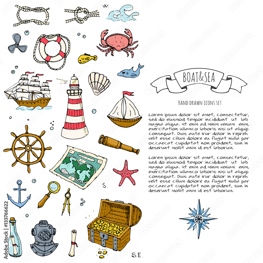 Hand drawn doodle Boat and Sea icons set. Vector illustration. Sea life ...