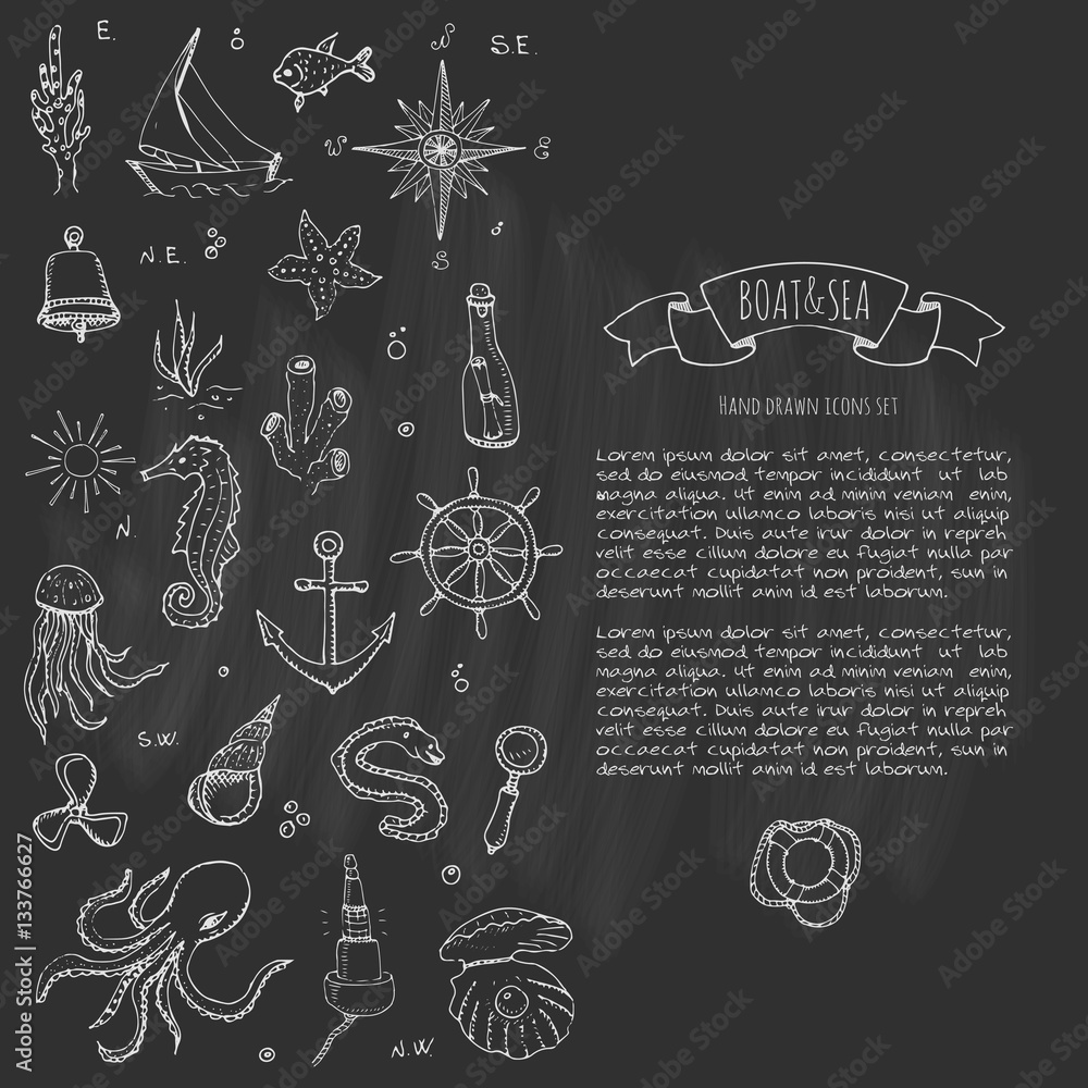 Hand drawn doodle Boat and Sea icons set. Vector illustration. Sea life ...