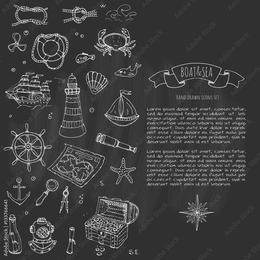 Hand drawn doodle Boat and Sea icons set. Vector illustration. Sea life ...
