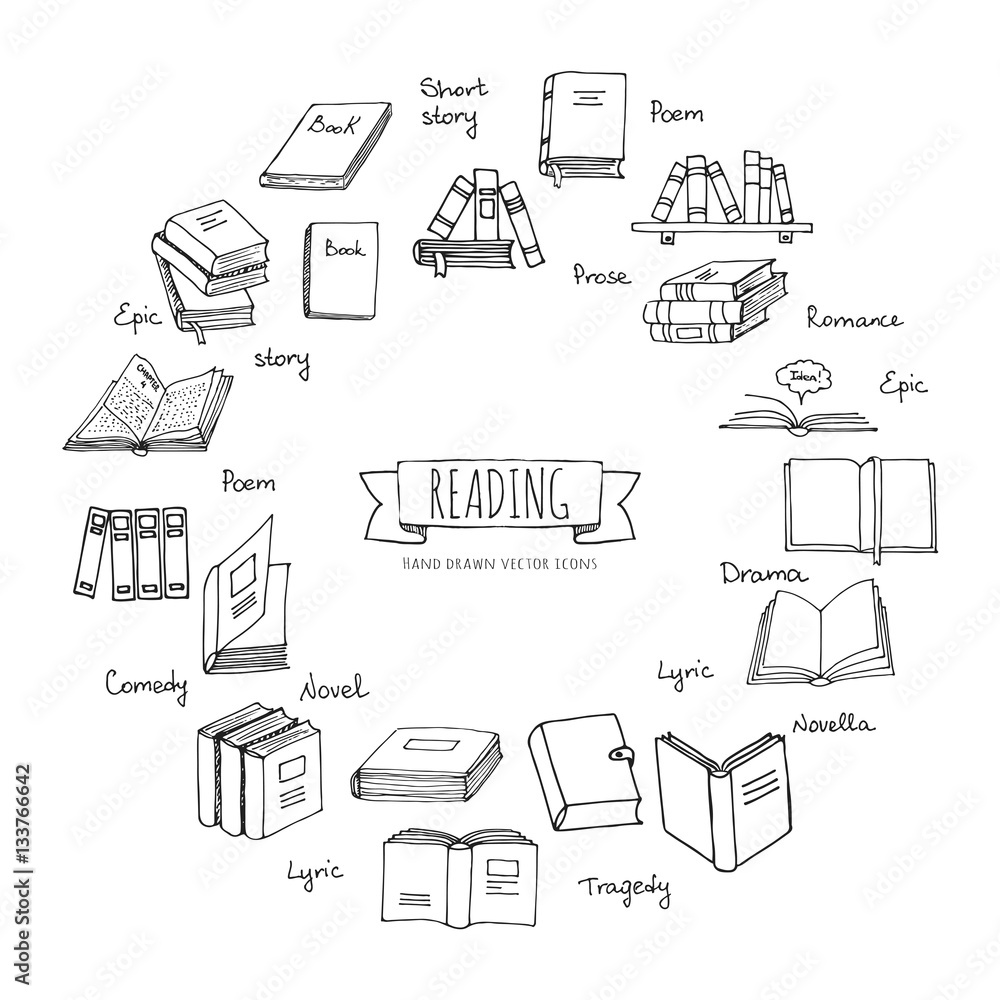 Hand drawn doodle Books Reading set. Vector illustration. Sketchy icons ...