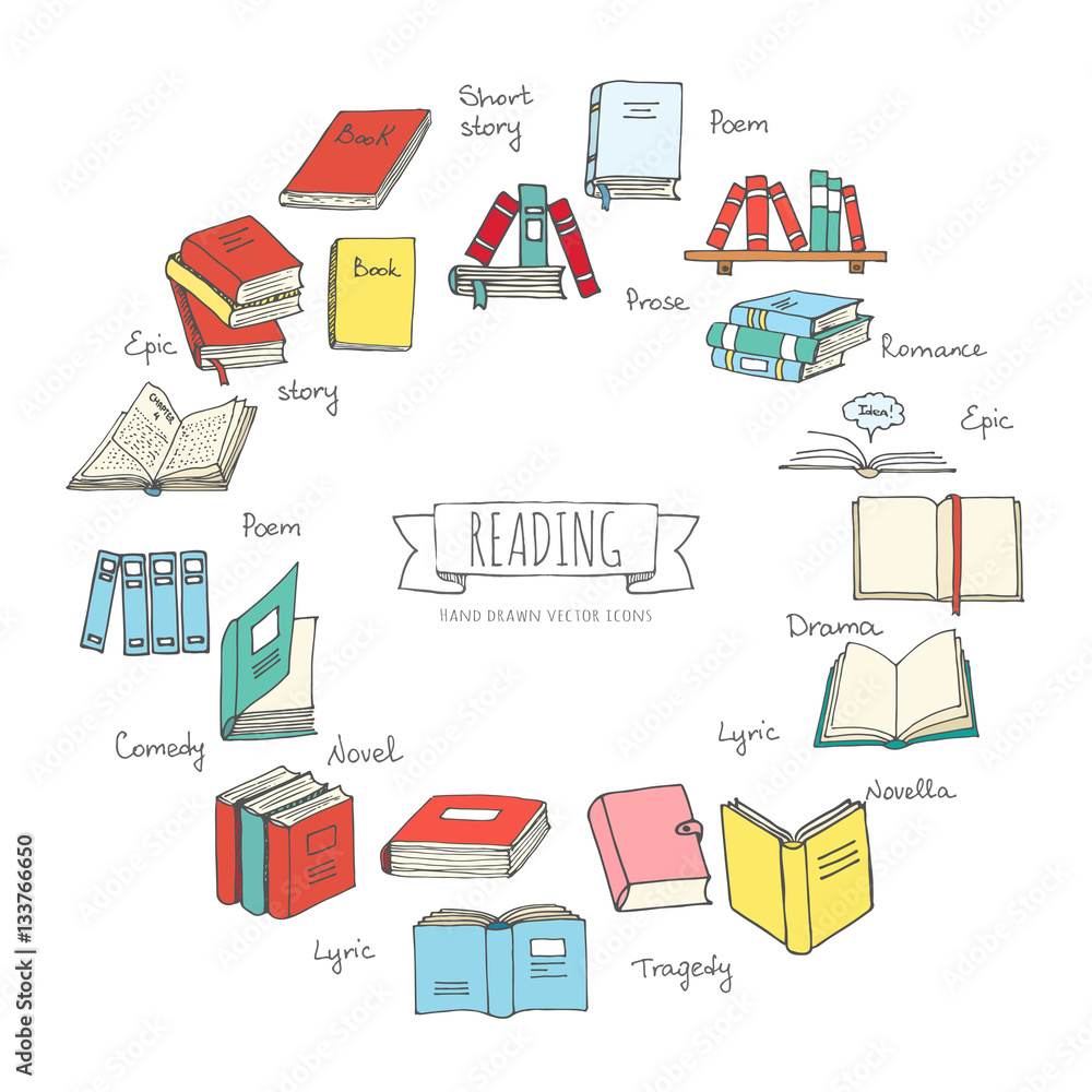 Hand drawn doodle Books Reading set. Vector illustration. Sketchy icons ...