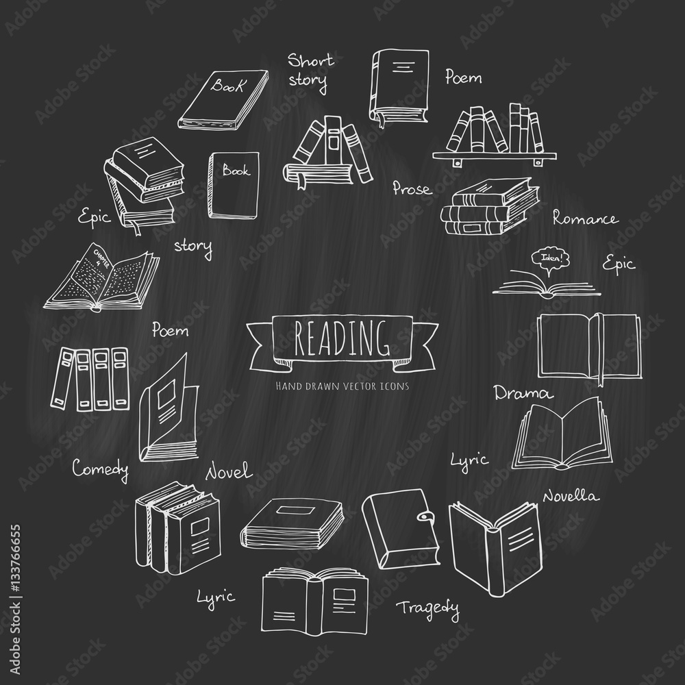 Hand drawn doodle Books Reading set. Vector illustration. Sketchy icons ...