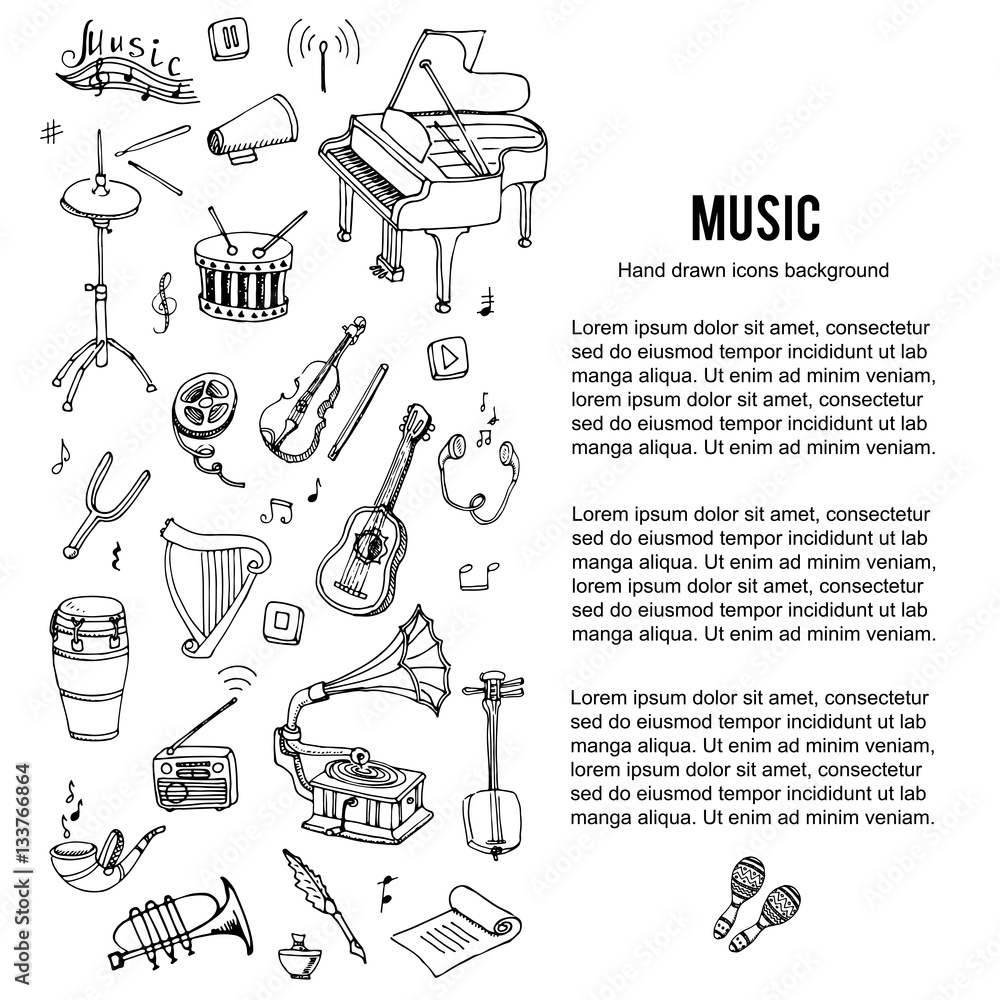 Hand drawn doodle Music set. Vector illustration. Musical instrument ...