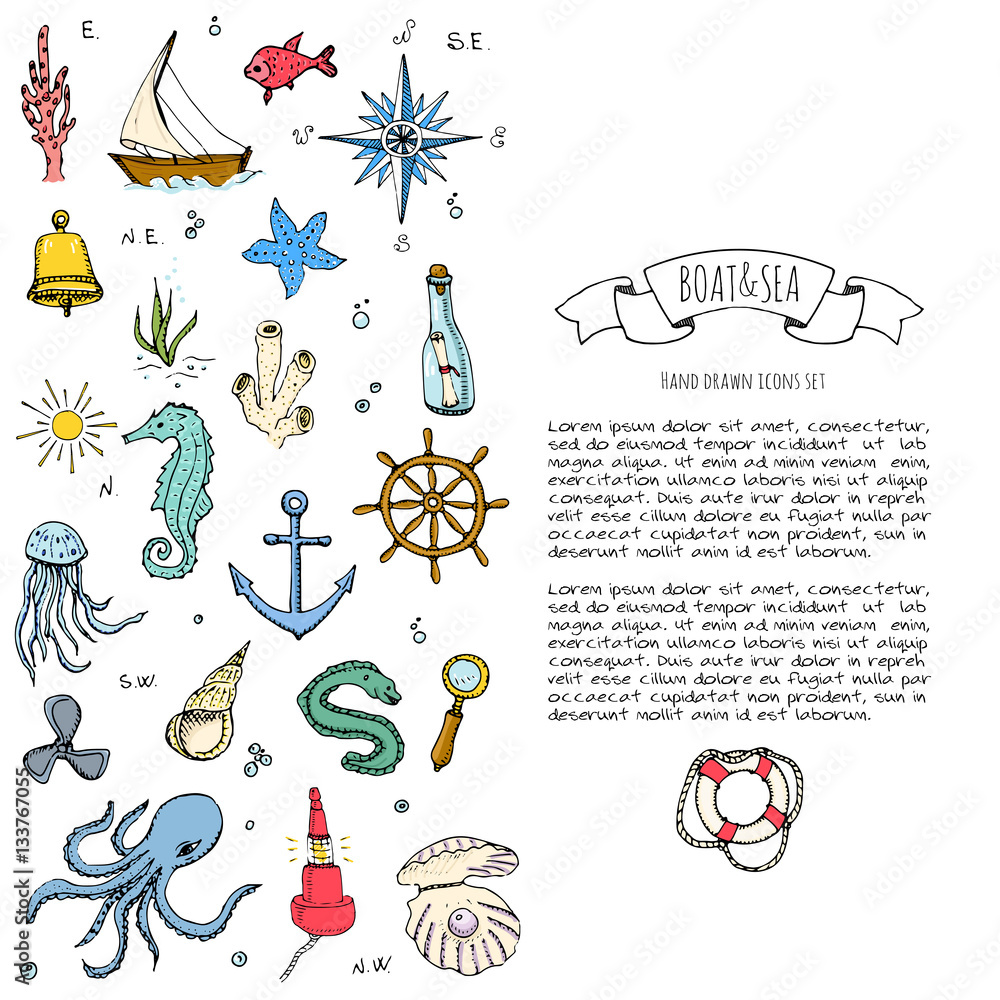 Hand drawn doodle Boat and Sea icons set. Vector illustration. Sea life ...