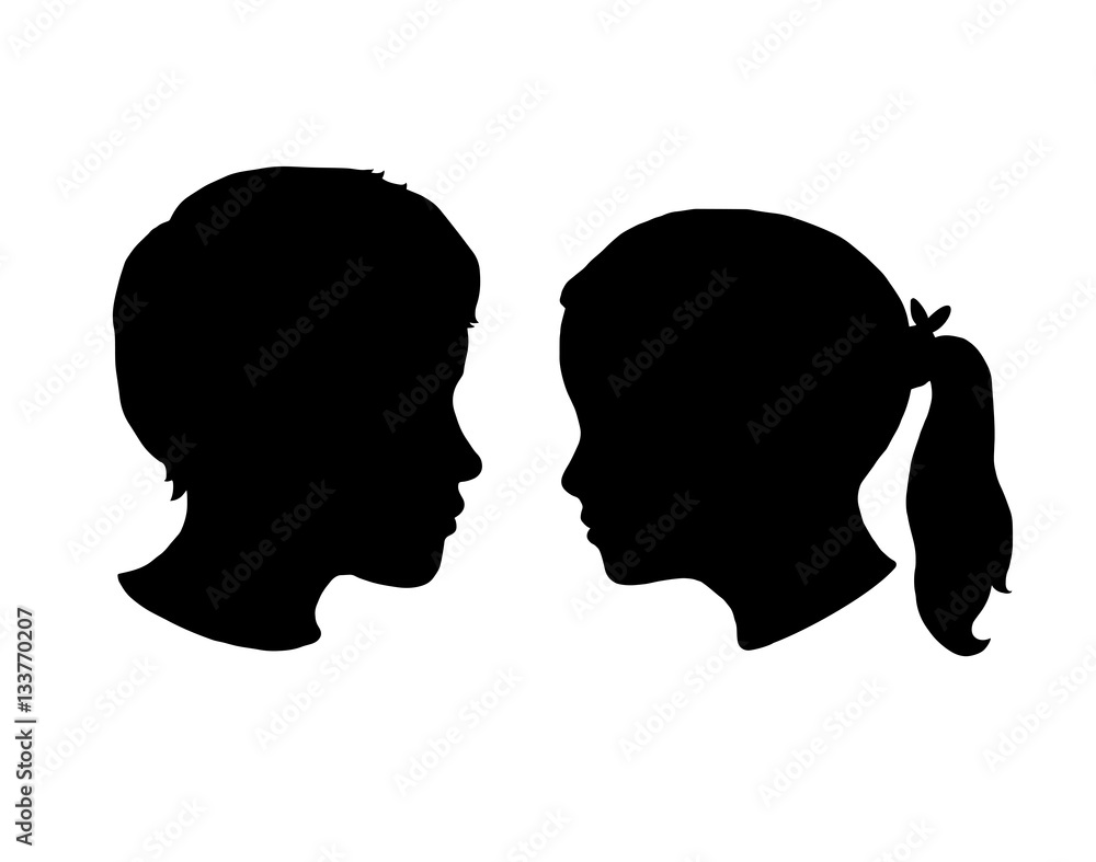 Boy and Girl silhouettes on a white background. Black face profile in ...