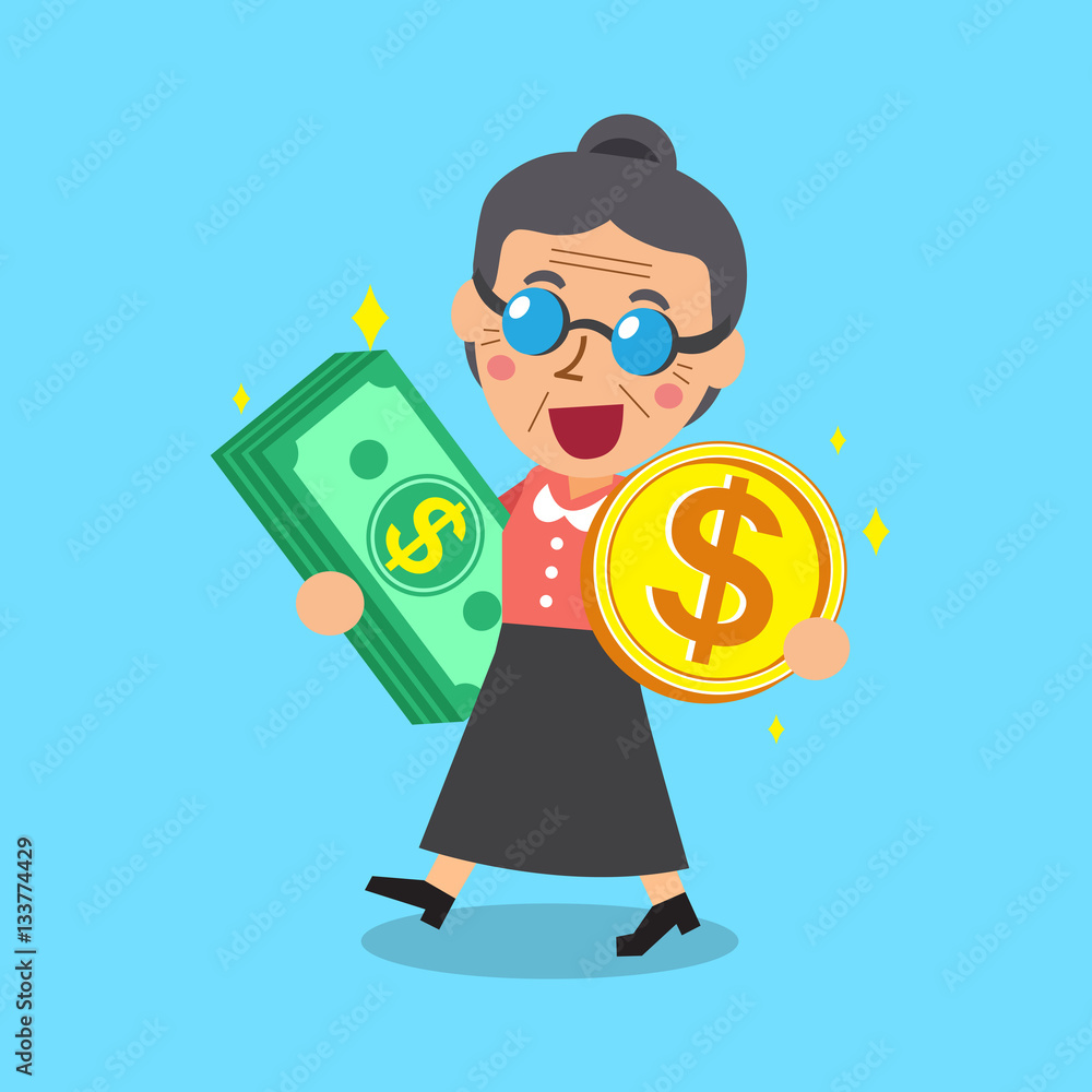 Senior woman carrying money stack and coin Stock Vector | Adobe Stock