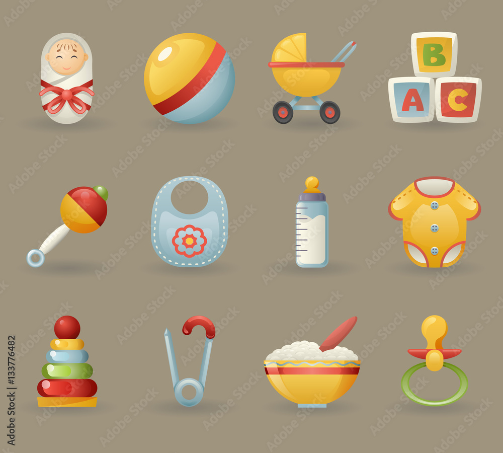 Childhood and Baby Icons Symbols Realistic Cartoon Set Vector ...